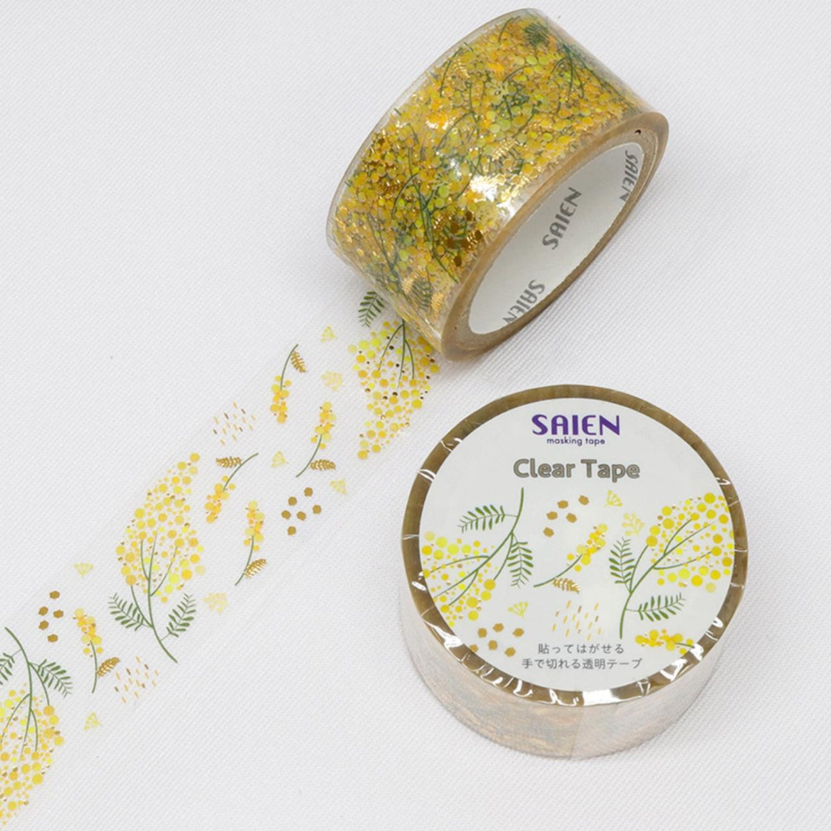 Kamiiso Saien Washi Tape Yellow Floral Pattern With Gold Clear Tape 20